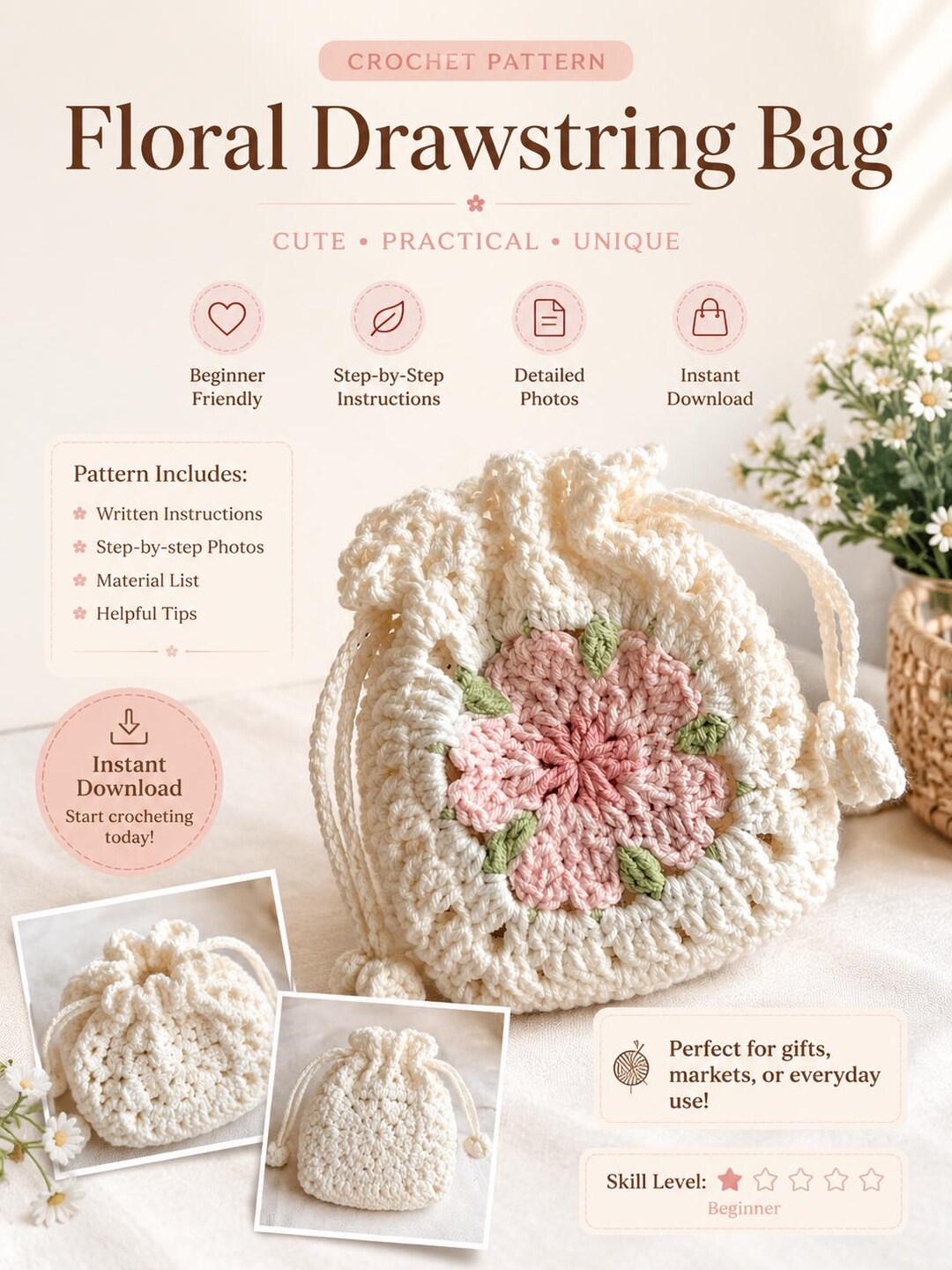 Floral Crochet Drawstring Bag Pattern | Beginner Flower Pouch (digital ...