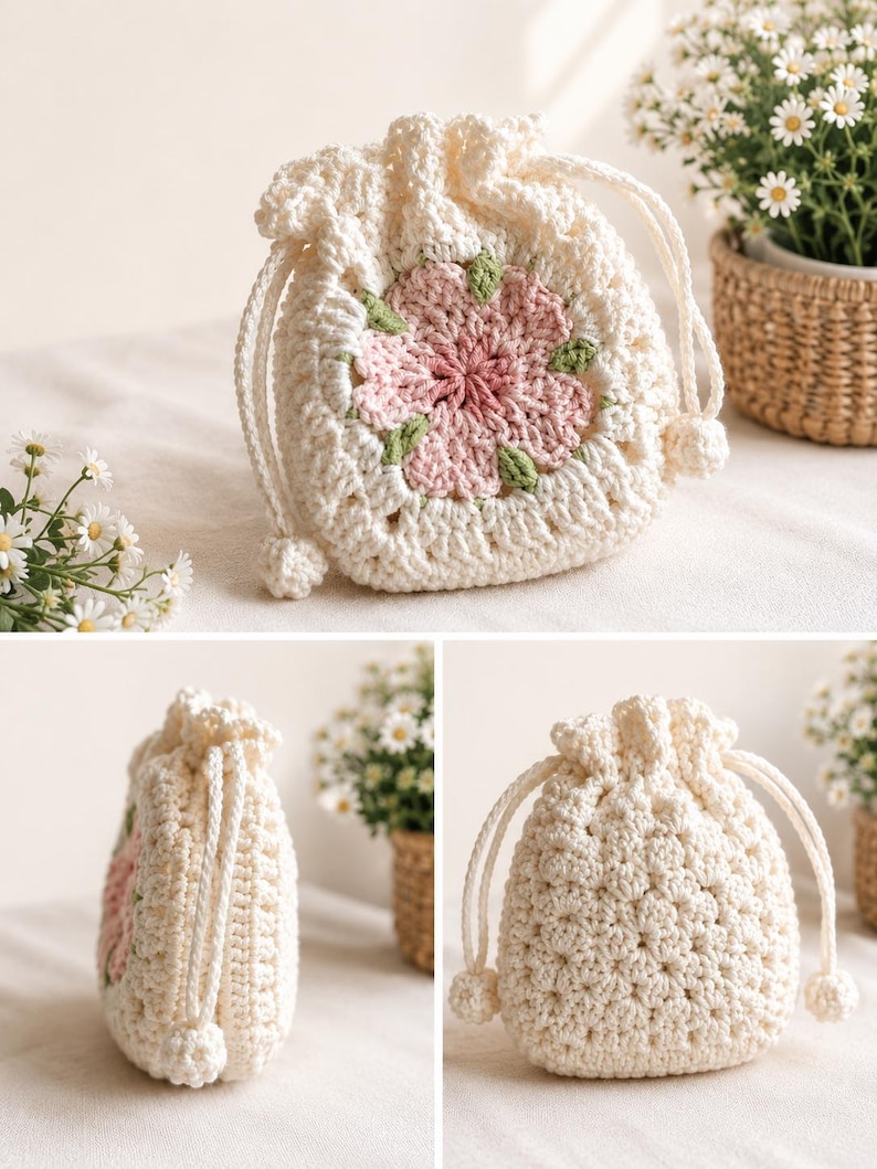 Floral Crochet Drawstring Bag Pattern | Beginner Flower Pouch (digital ...