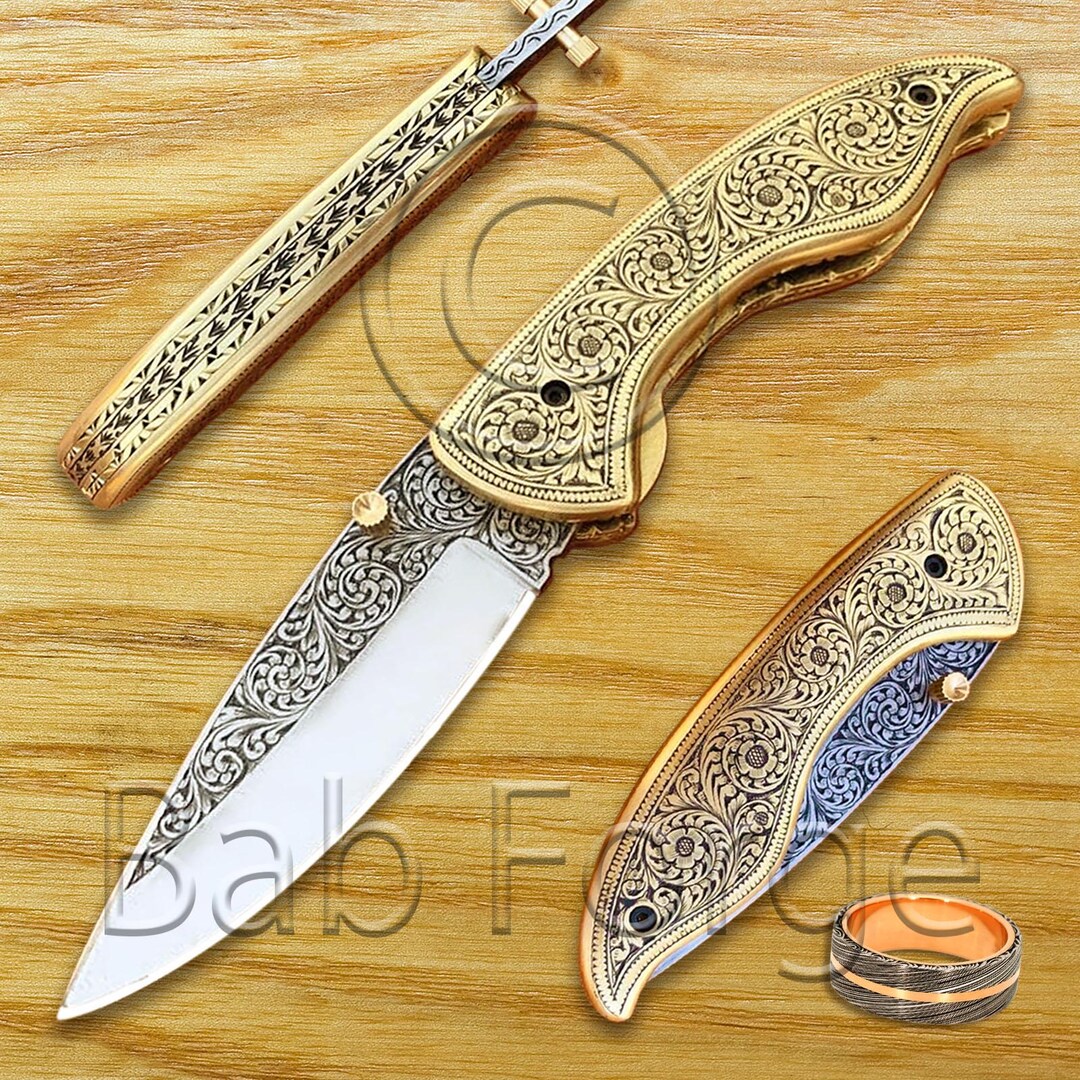 Customized Hand Engraved Brass Handle D2 Steel Arts and Crafts Hunting ...