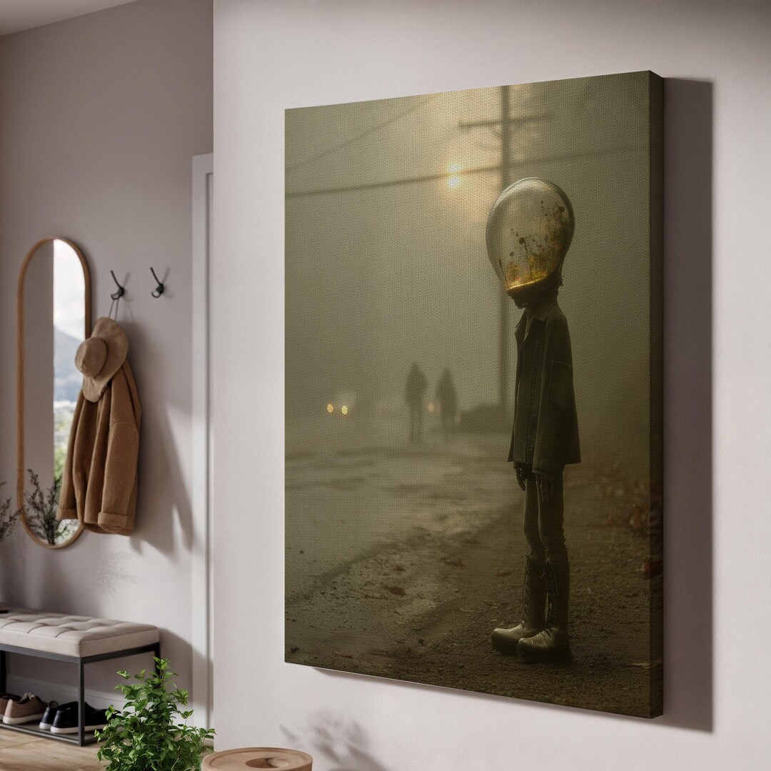 Framed Surreal Sci-fi Canvas, Child With Glass Helmet Foggy Street ...
