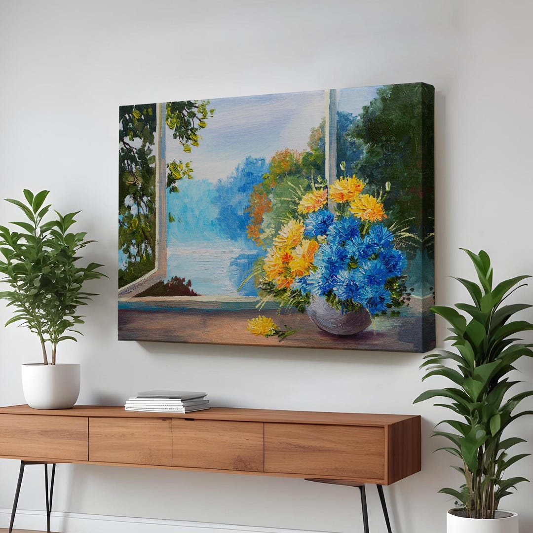Flower Bouquet on the Window Sill Canvas Wall Painting, Flower Canvas ...
