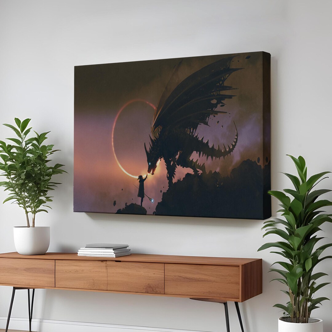 Wizard Scene With A Hand Reaching for A Dragon Decorative Art, Surreal ...