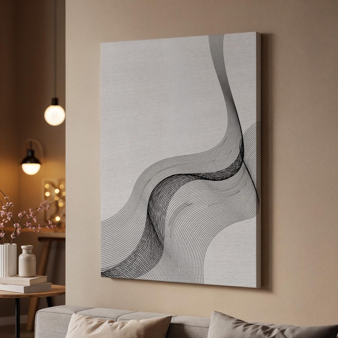 Framed Abstract Line Art Canvas Wall Print, Minimal Neutral Black Wave ...