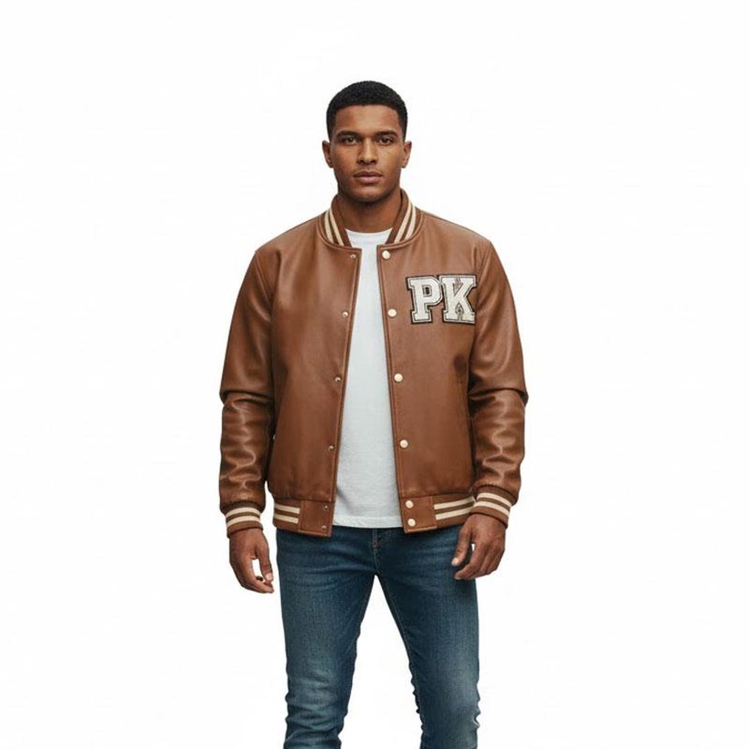 Handmade Brown Genuine Leather Varsity Jacket Minimalist Letterman ...