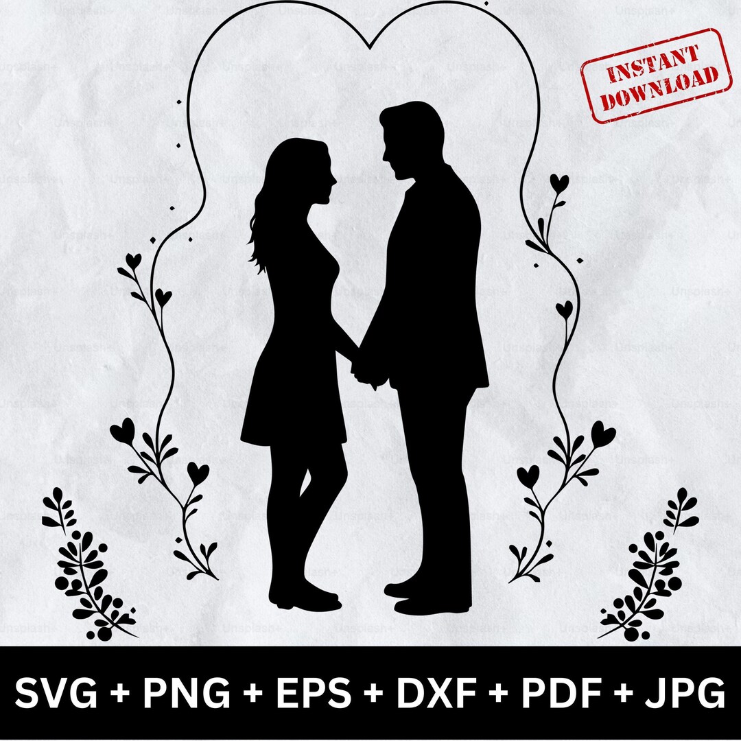 Romantic Couple SVG Marriage Silhouette PNG Valentines Clipart Holding ...