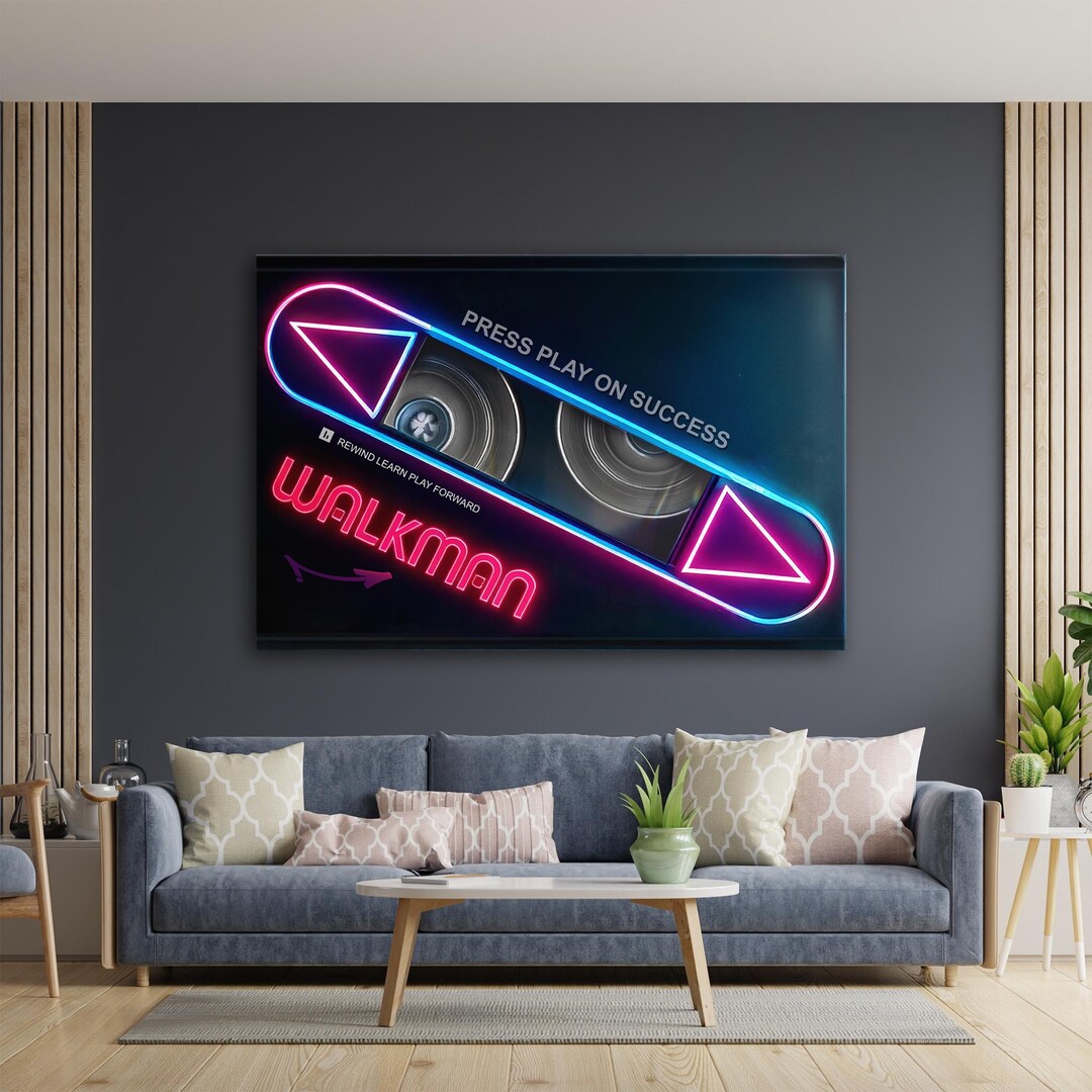 Retro Walkman Neon Pop Art, 90s Art Print With Cassette Tape and Record ...