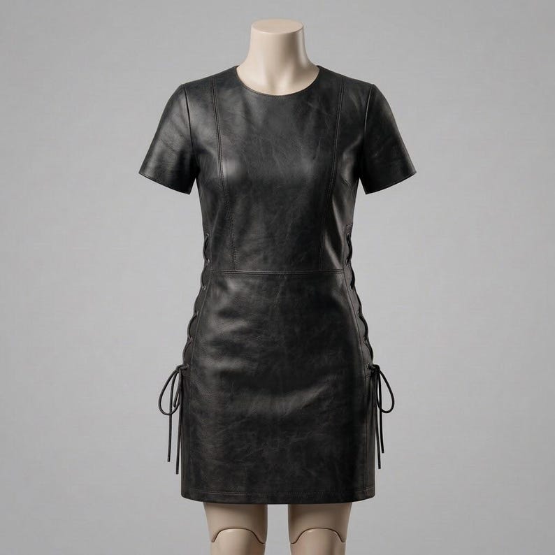 Kurzarm Lederkleid, seitliche Spitze Mini Outfit, lässige ...