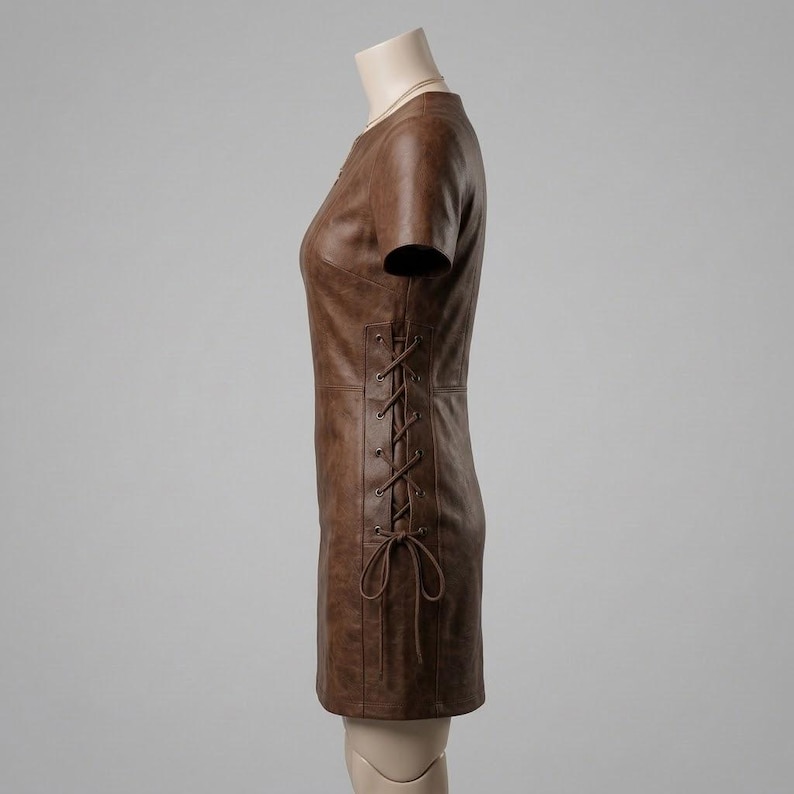 Kurzarm Lederkleid, seitliche Spitze Mini Outfit, lässige ...