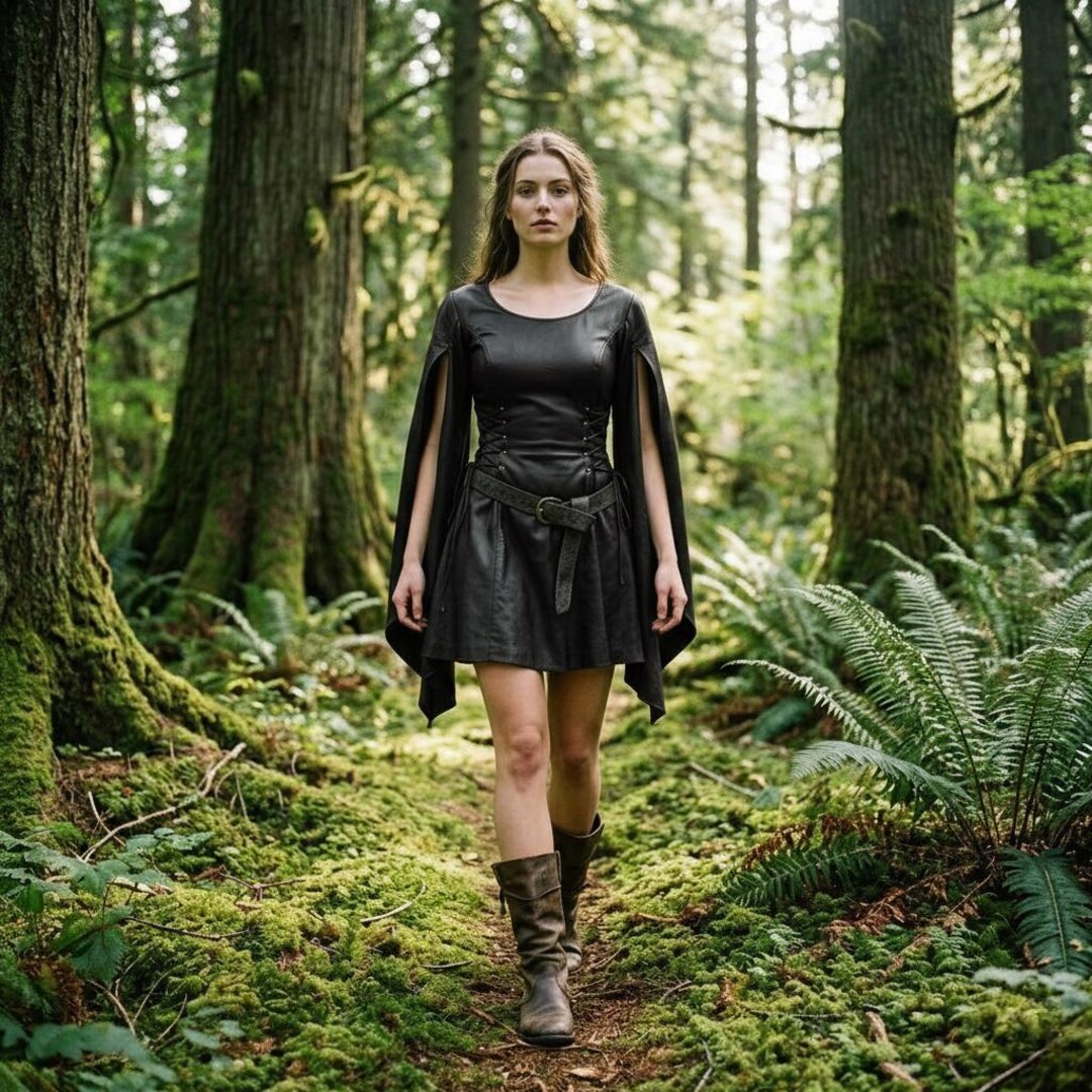 Genuine Leather Cape Sleeve Dress, Belted Waist, Fantasy Cosplay Outfit ...