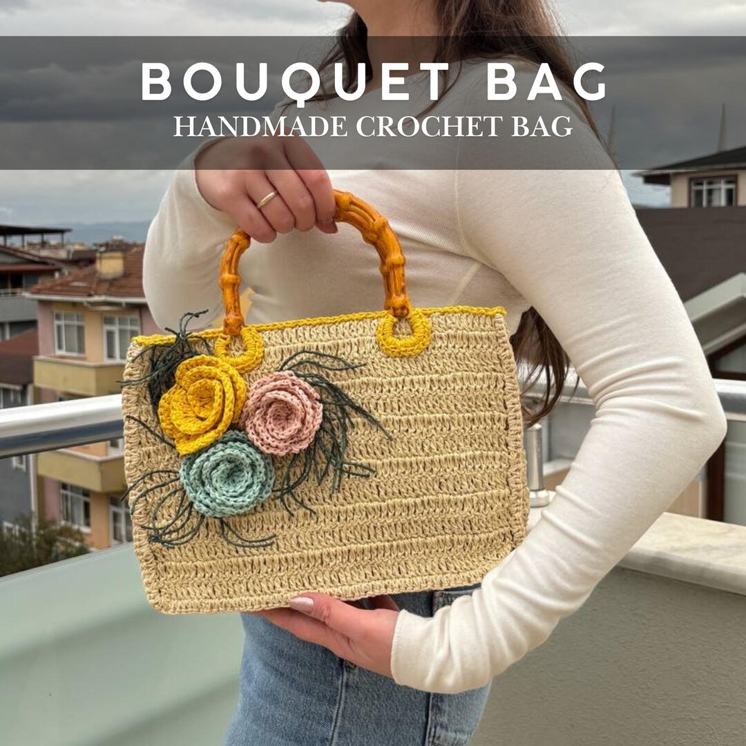 Bouquet Crochet Bag | Handmade Paper Yarn Bag | Floral Tote With Bamboo ...