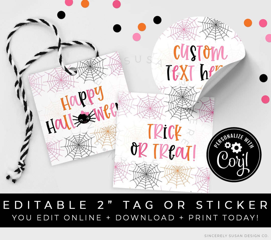 CUSTOMIZABLE Pink Halloween Spider Web Tag, Printable Trick or Treat ...
