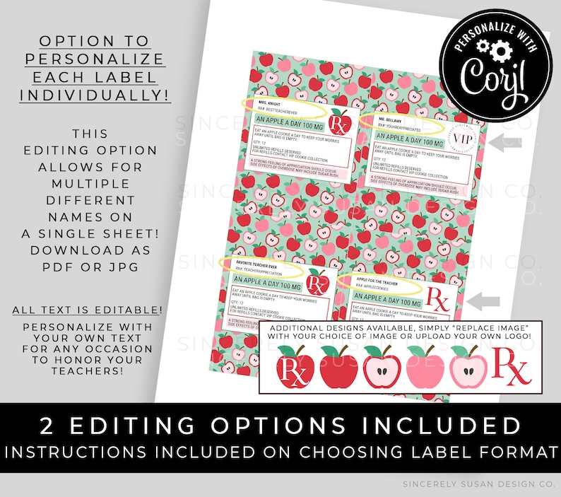 CUSTOMIZABLE Apple A Day Teacher Appreciation Cookie Prescription Label ...