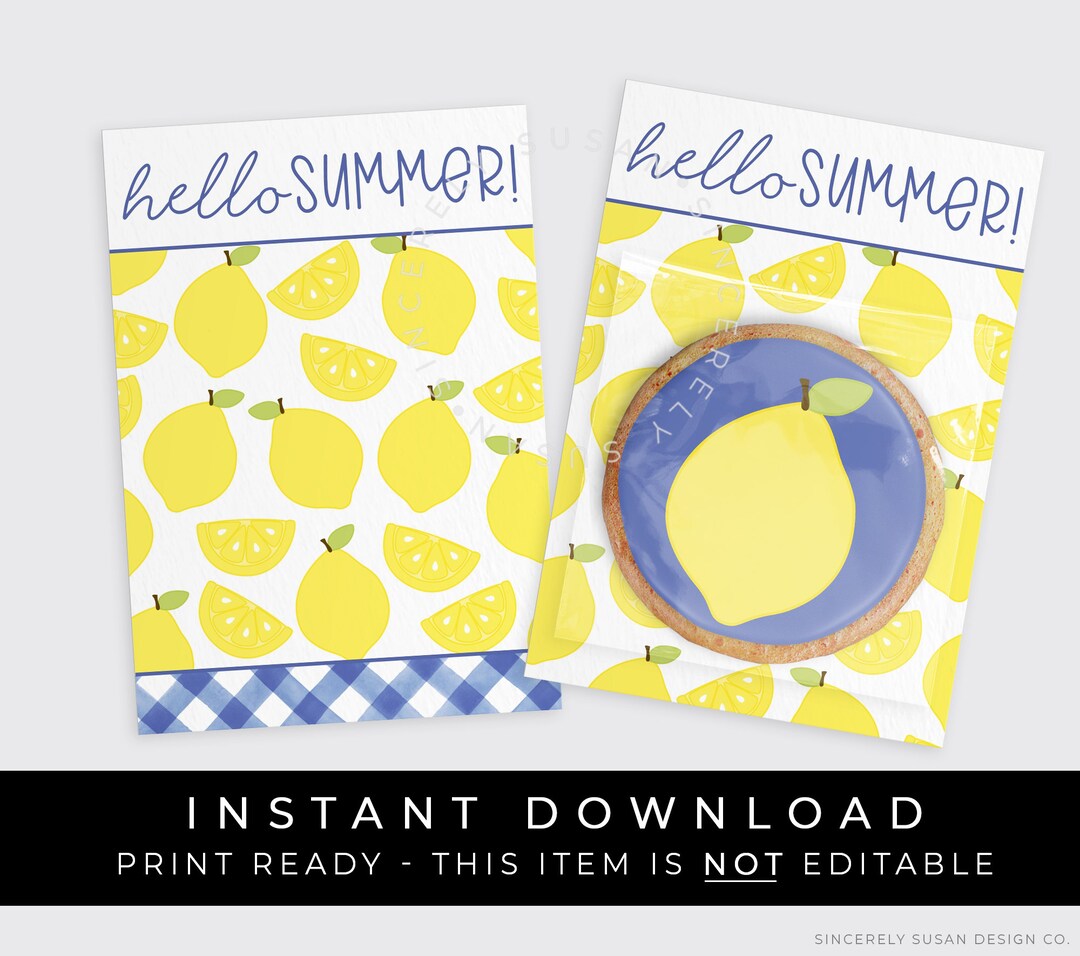 Instant Download Blue Gingham Lemon Cookie Card Printable, Hello Summer ...