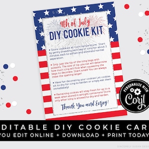 CUSTOMIZABLE 4th of July DIY Cookie Kit Instructions Printable Card ...