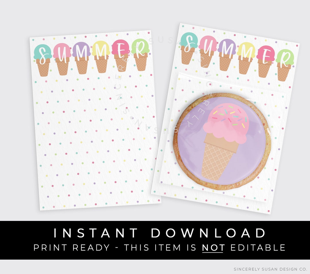 Instant Download Summer Ice Cream Cone Cookie Card Printable, Sweet Ice ...