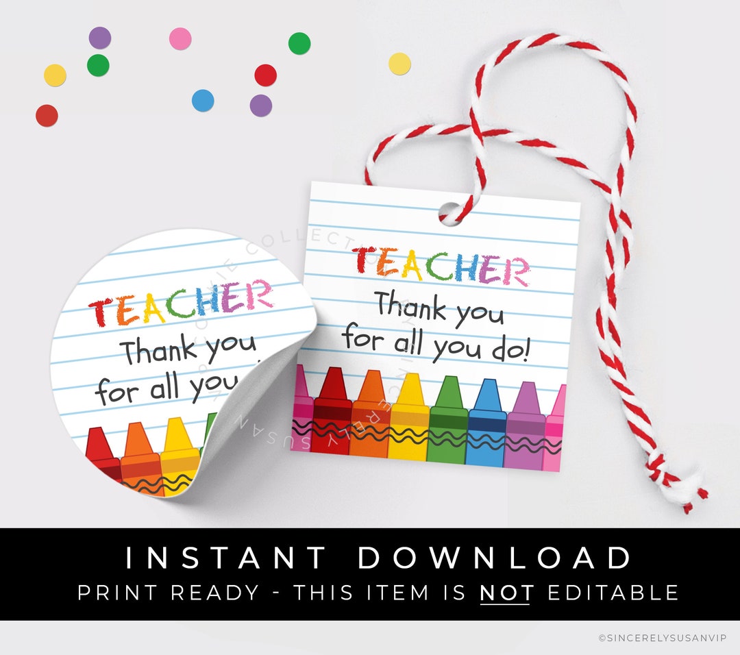 Instant Download Crayon Thank You Teacher Appreciation Tag, Notebook ...
