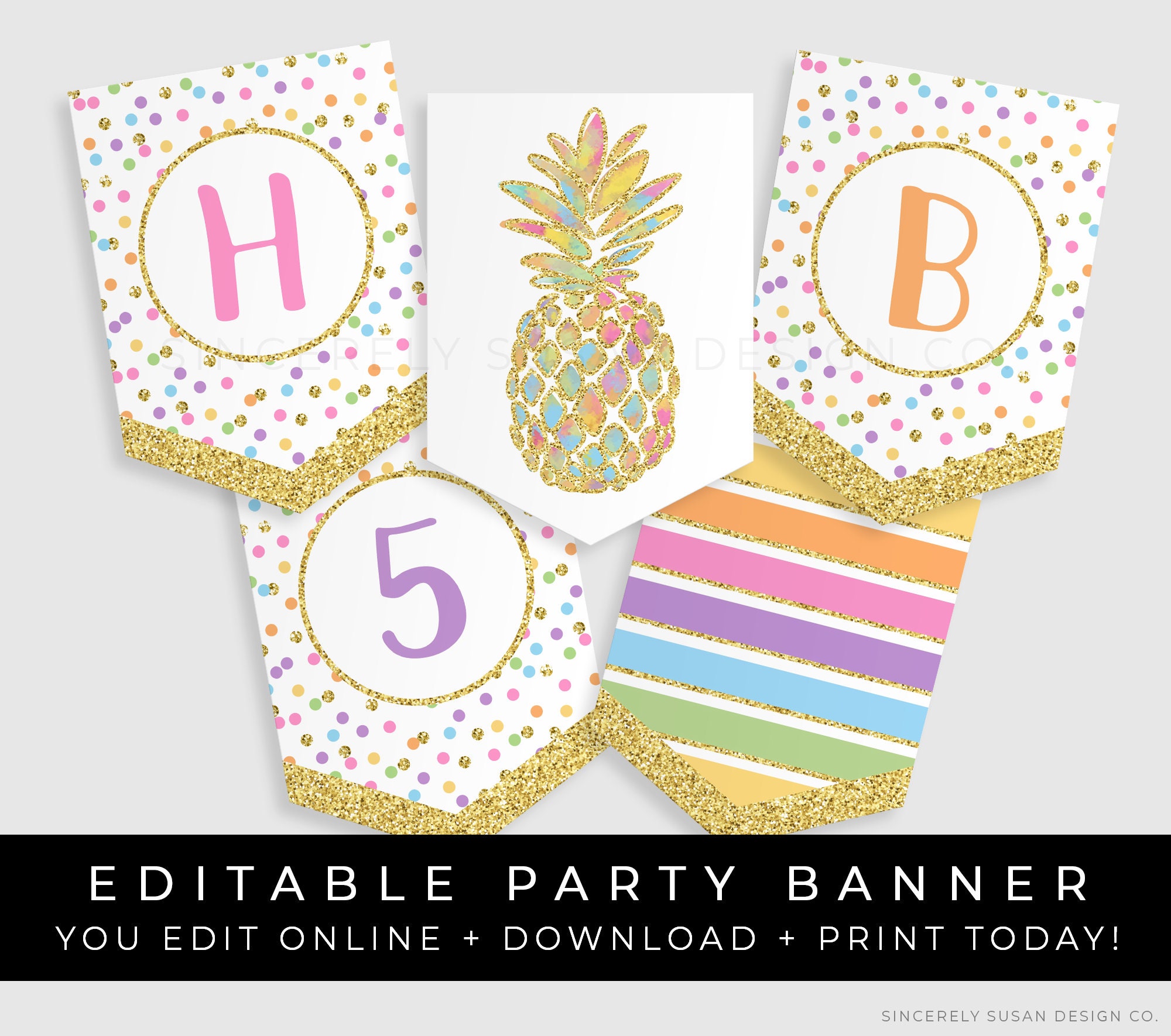 Pineapple Birthday Banner Aloha Luau Party Decorations Rainbow Confetti ...
