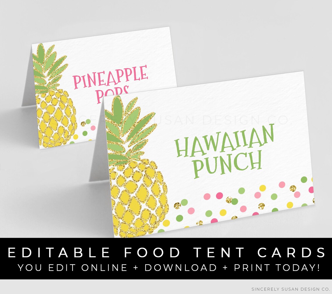 Pineapple Food Tent Cards Printable Luau Birthday Party Hawaiian Buffet ...