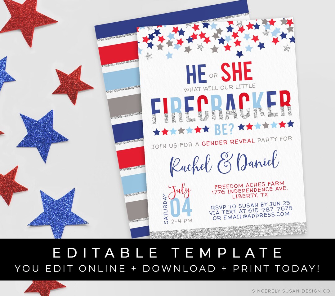 Firecracker Baby Gender Reveal Invitation 4th of July He or She Reveal ...