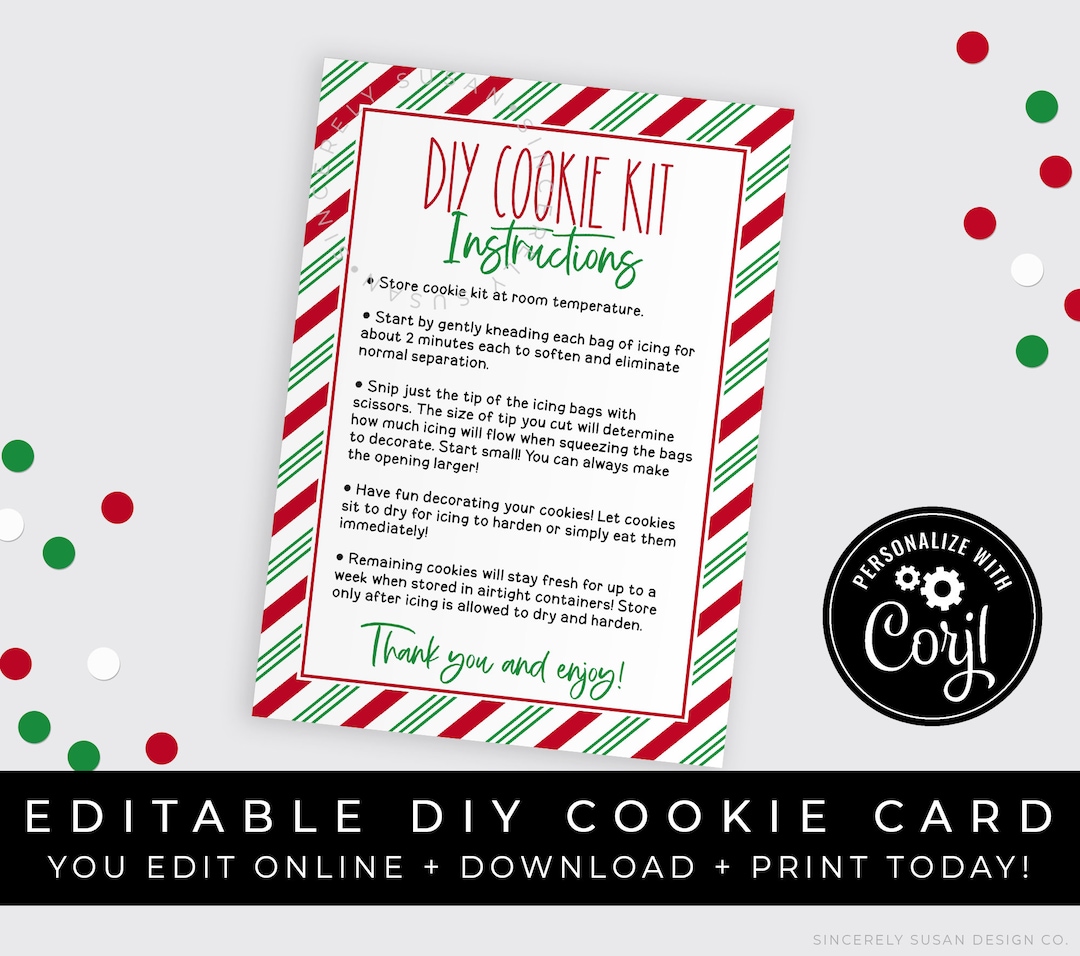 CUSTOMIZABLE Christmas DIY Cookie Kit Instructions Printable Card ...