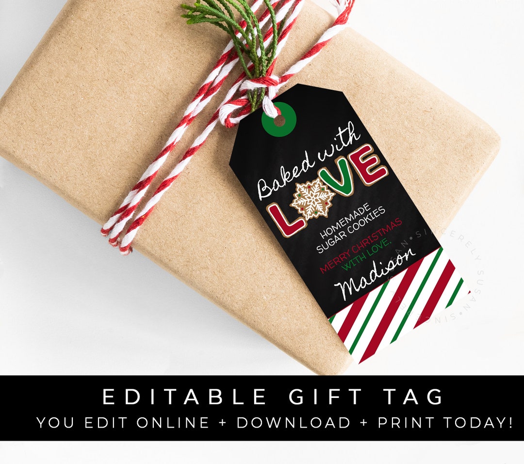 CUSTOMIZABLE Baked With Love Christmas Cookie Gift Tag Printable ...