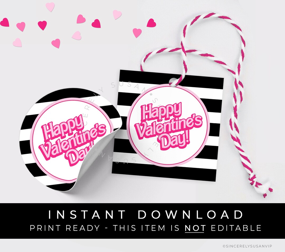 Instant Download Happy Valentine's Day Printable Tag, Pink Black Stripe ...