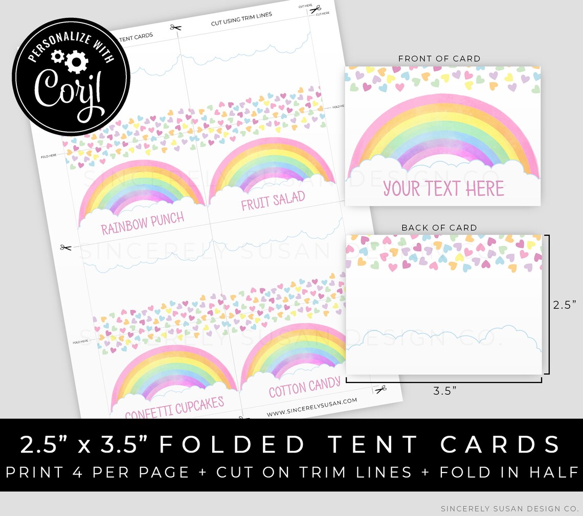 Pastel Rainbow Food Tent Cards, Printable Birthday Party Rainbow Heart ...