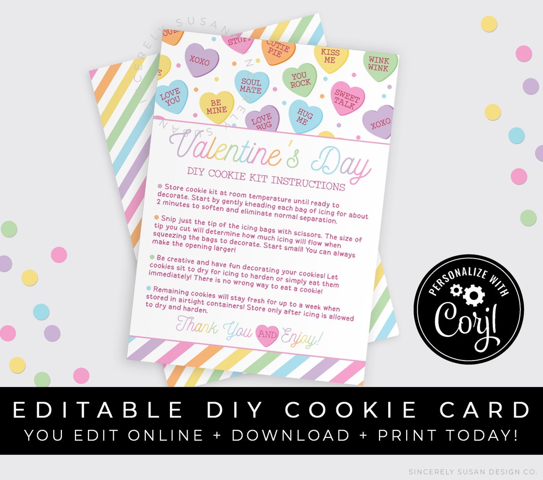 CUSTOMIZABLE Valentine DIY Cookie Kit Instructions Printable Card ...