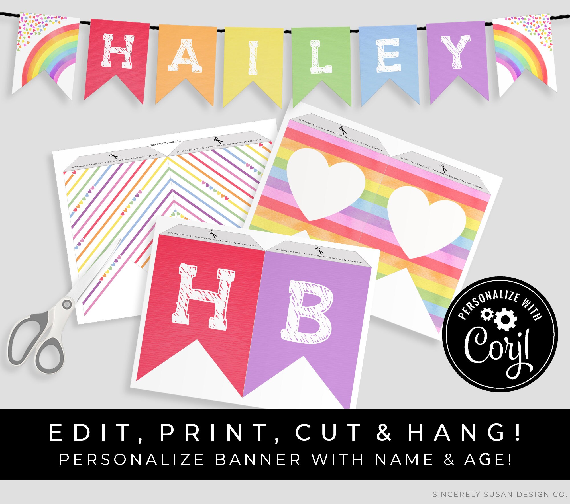 Rainbow Birthday Banner Printable Party Decorations Editable | Etsy