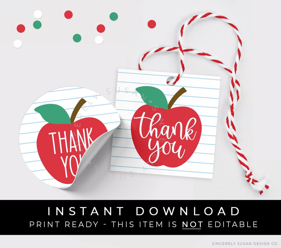Instant Download Apple Thank You Teacher Gift Tag Printable, Apple ...