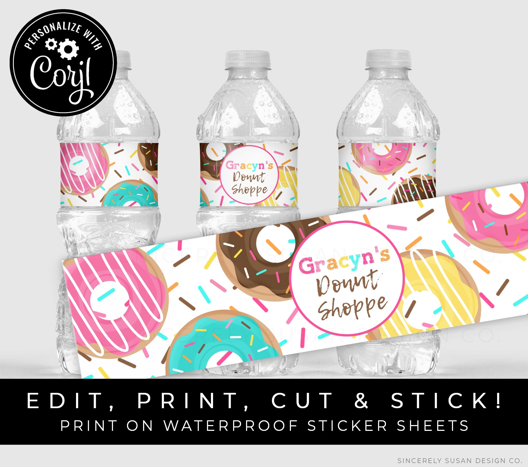 Printable Donut Water Bottle Labels Rainbow Sprinkles Birthday Party ...