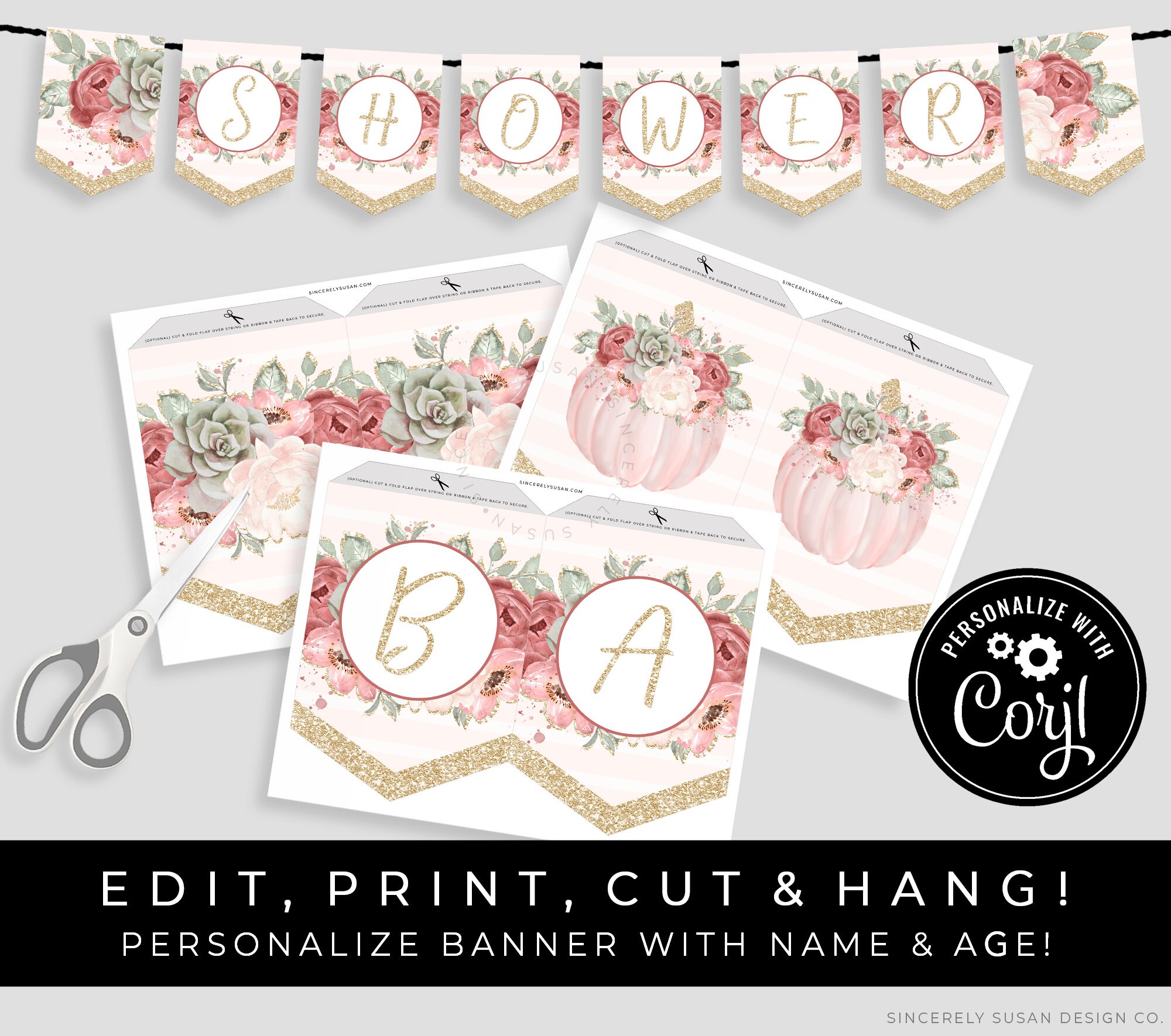 Pumpkin Baby Shower Banner Printable Pink Girl Fall Floral | Etsy