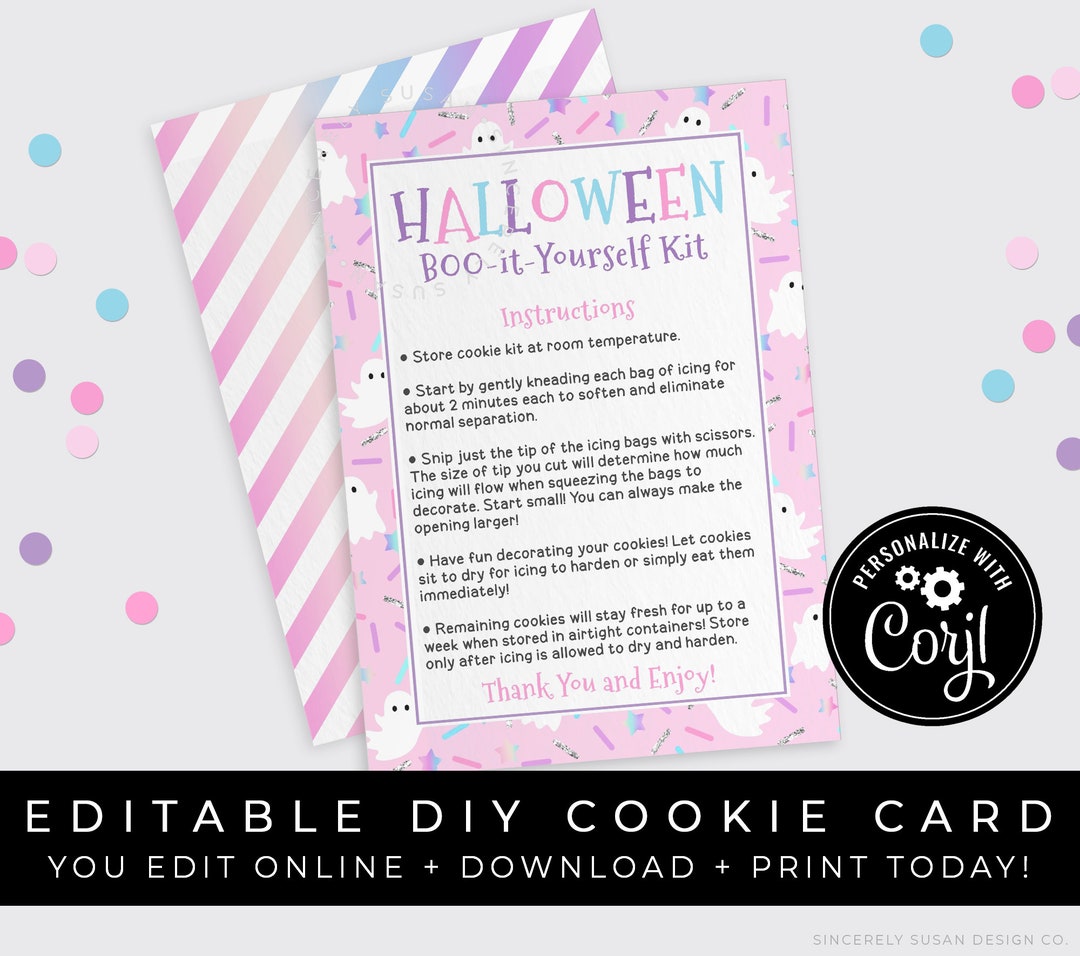 CUSTOMIZABLE Pink Halloween DIY Ghost Cookie Kit Instructions Printable ...