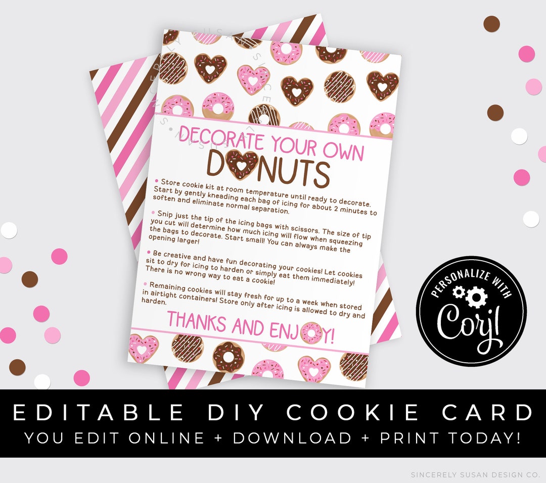 CUSTOMIZABLE Valentine Donuts DIY Cookie Kit Instructions Printable ...
