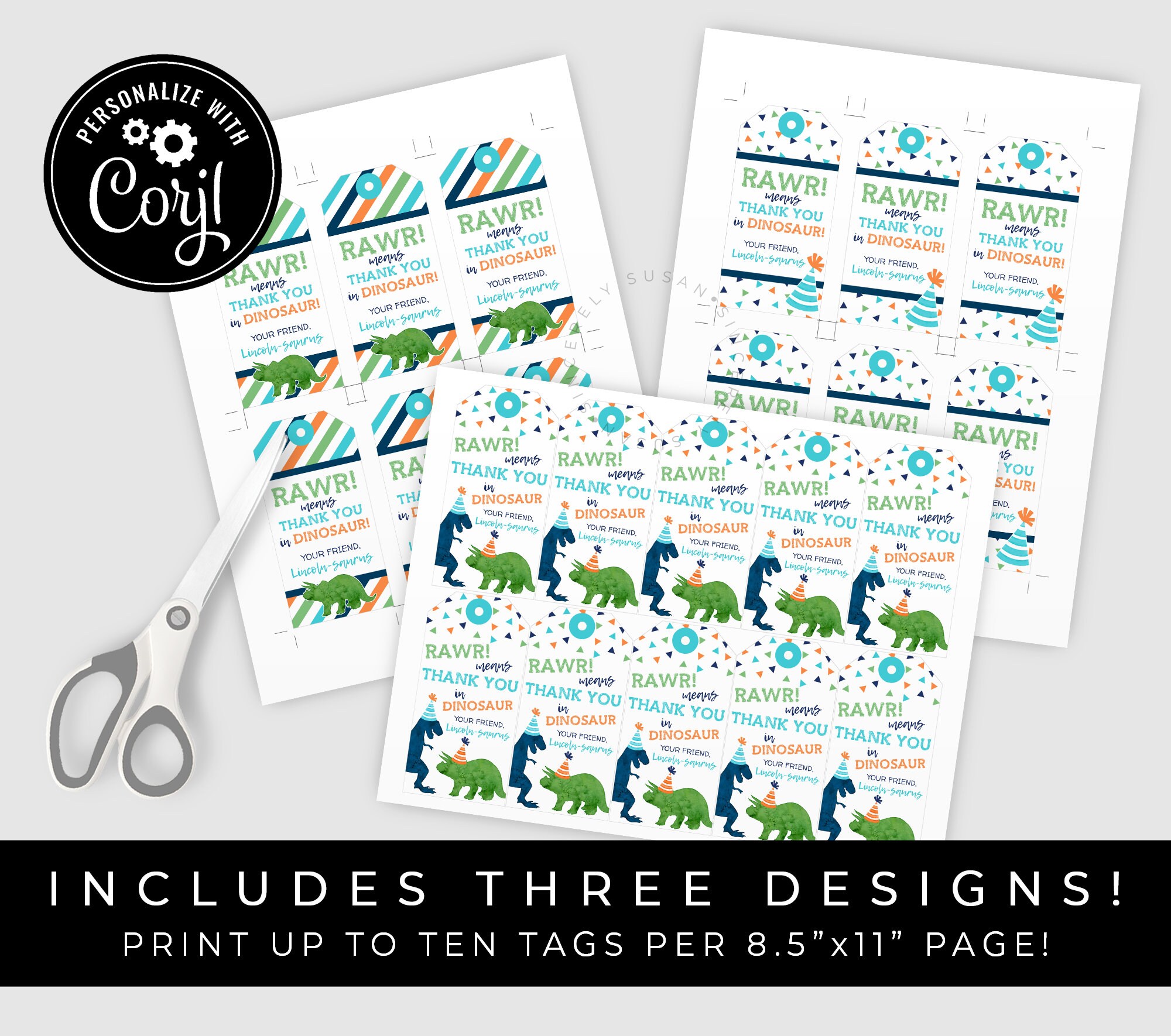 Dinosaur Birthday Favor Tags Printable Thank You Gift Tag Editable Dino ...