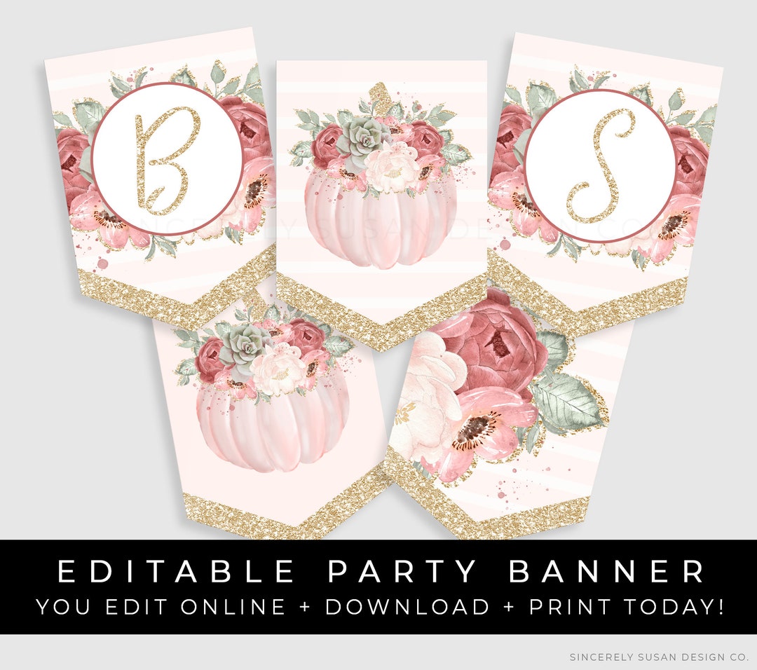 Pumpkin Baby Shower Banner Printable Pink Girl Fall Floral Pumpkin ...