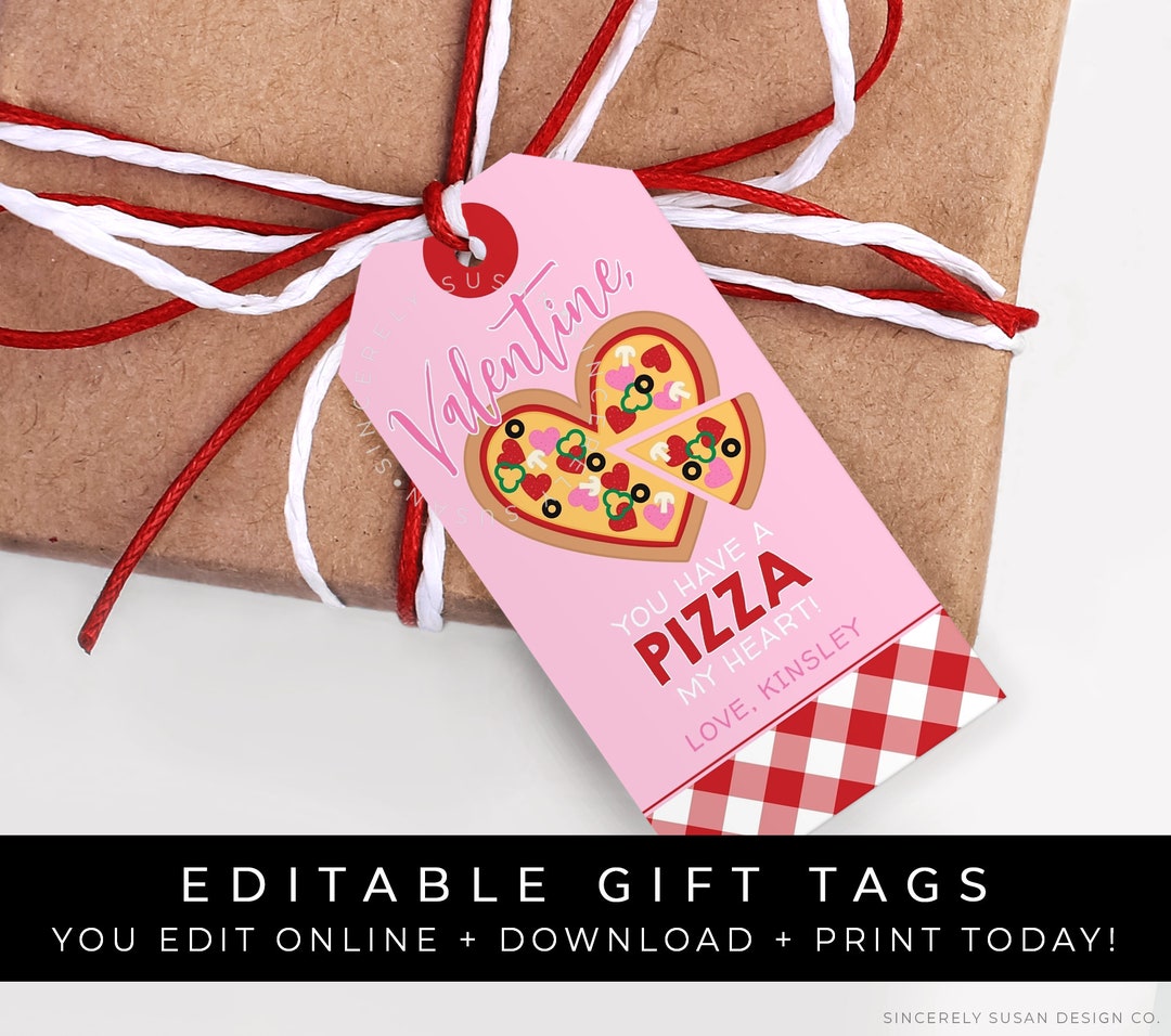 Pink Valentine's Day Pizza Party Favor Tag, Heart Pizza Kids Classroom ...