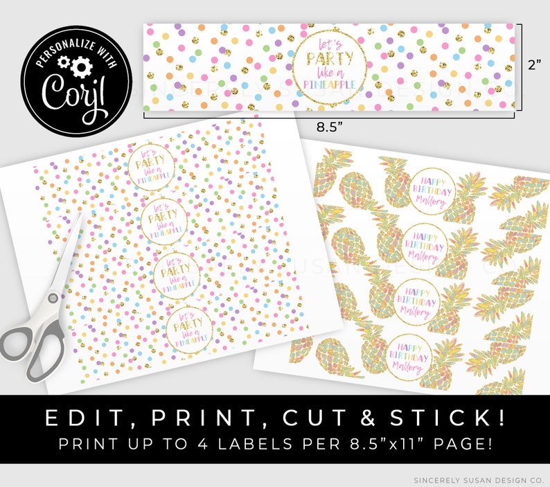 Pineapple Water Bottle Labels Birthday Party Printable Rainbow - Etsy