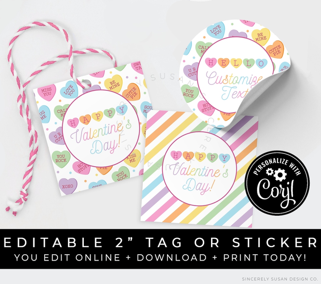 CUSTOMIZABLE Happy Valentine's Day Candy Hearts Cookie Tag, Rainbow ...