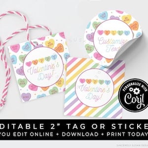 CUSTOMIZABLE Happy Valentine's Day Candy Hearts Cookie Tag, Rainbow ...