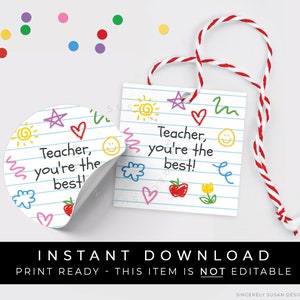Instant Download Crayon Doodle Teacher Appreciation Tag, Notebook Paper ...