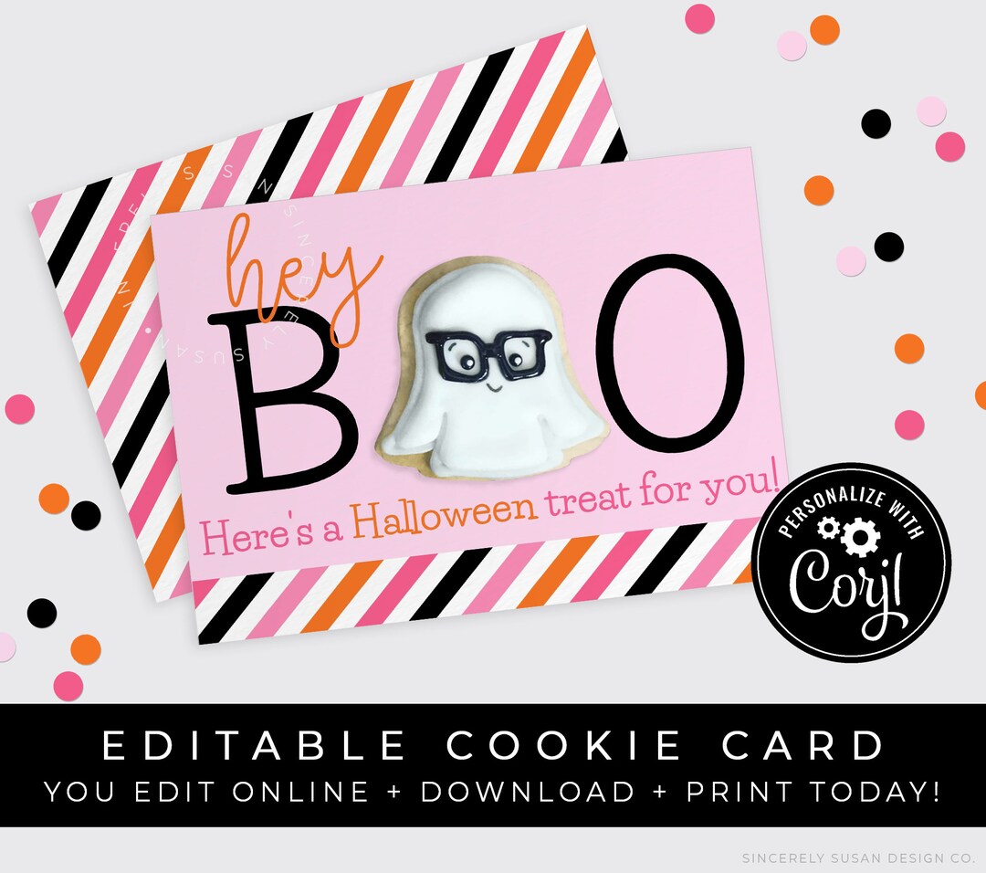 CUSTOMIZABLE Pink Halloween Hey BOO Ghost Mini Cookie Cards, Happy ...