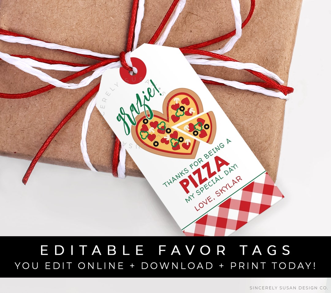 Valentine Pizza Party Favor Tag, Heart Pizza Thank You Tag Grazie ...