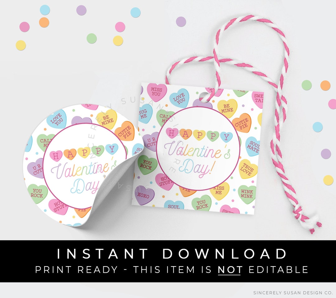 Instant Download Happy Valentine's Day Cookie Tag, Rainbow Candy Hearts ...