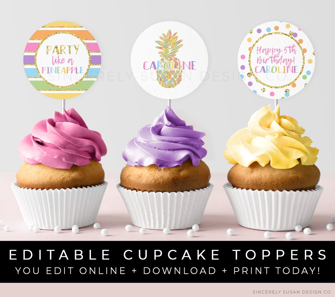 Pineapple Birthday Cupcake Toppers Rainbow Party Decorations Printable ...