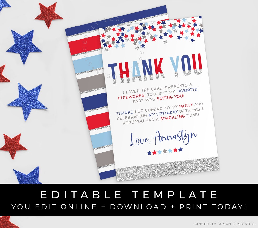 Patriotic Thank You Card Birthday Party Printable, Red White Blue Stars ...
