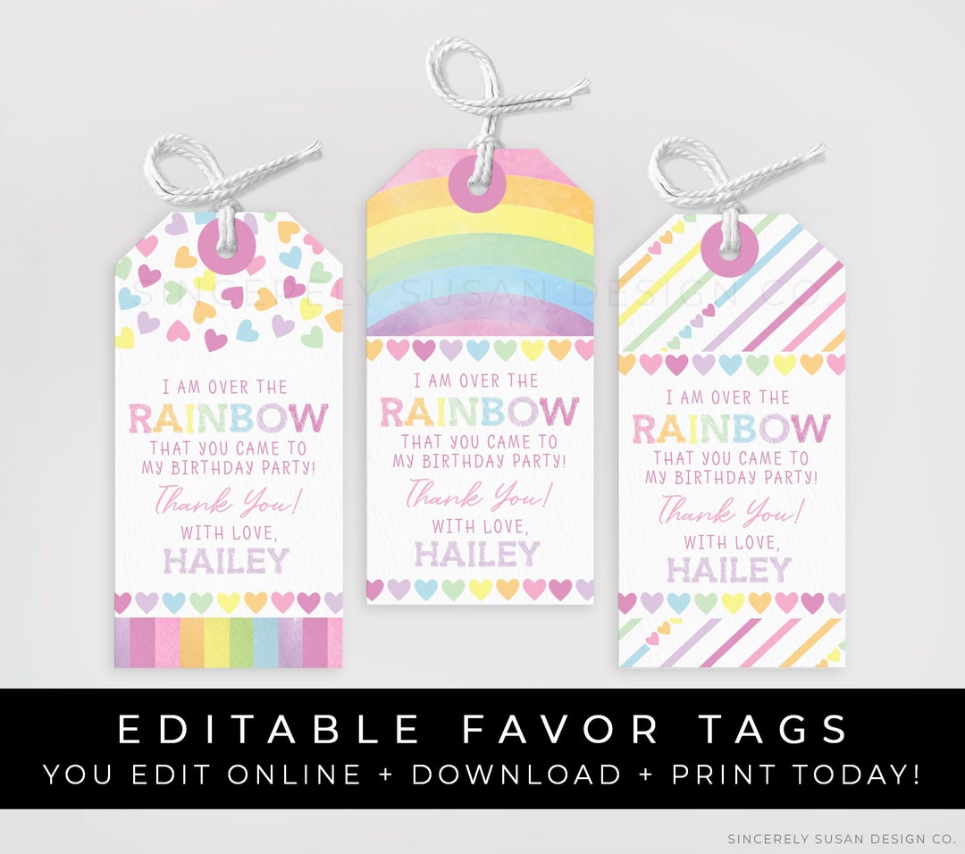 Rainbow Birthday Favor Tags Printable Thank You Tag Party Decorations ...
