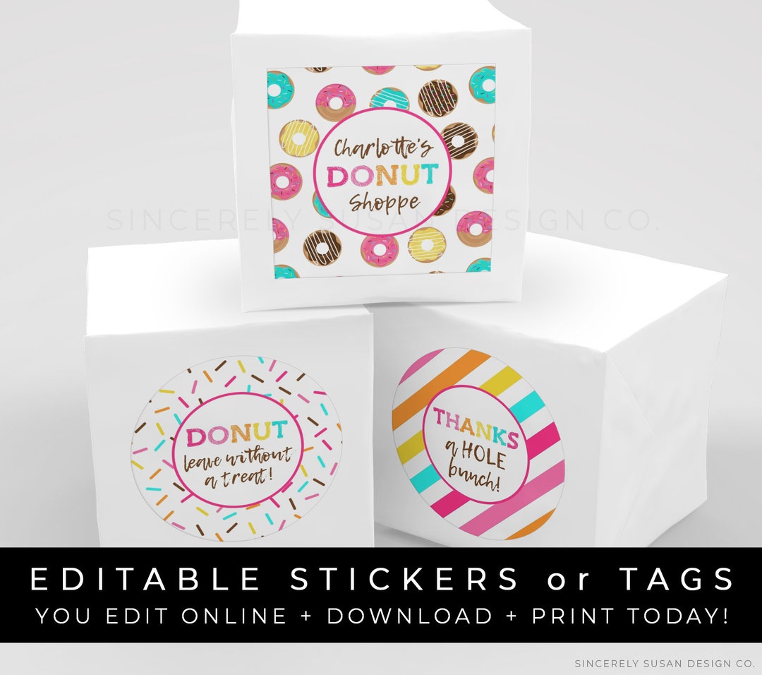 Donut Birthday Party Favor Tag Stickers Printable Donut Treat Bag Tags ...