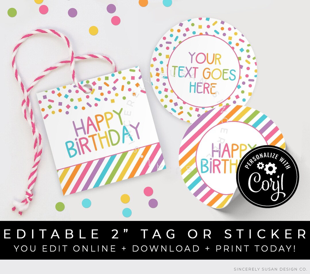 CUSTOMIZABLE Happy Birthday Rainbow Confetti Tag, Rainbow Sprinkles ...