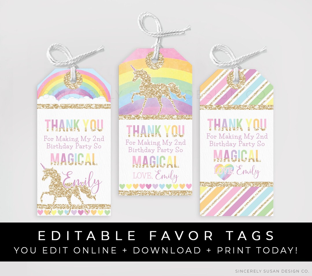 Rainbow Unicorn Birthday Favor Tags Editable Thank You Gift Tag ...